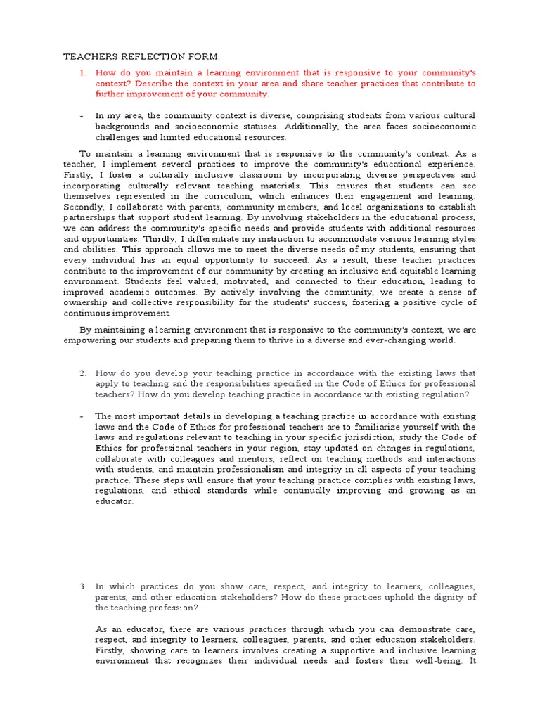 Teachers Reflection Form | PDF | Teachers | Learning