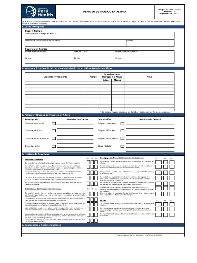 SIG-INS12-F-02 Permiso de Trabajo en Altura | PDF