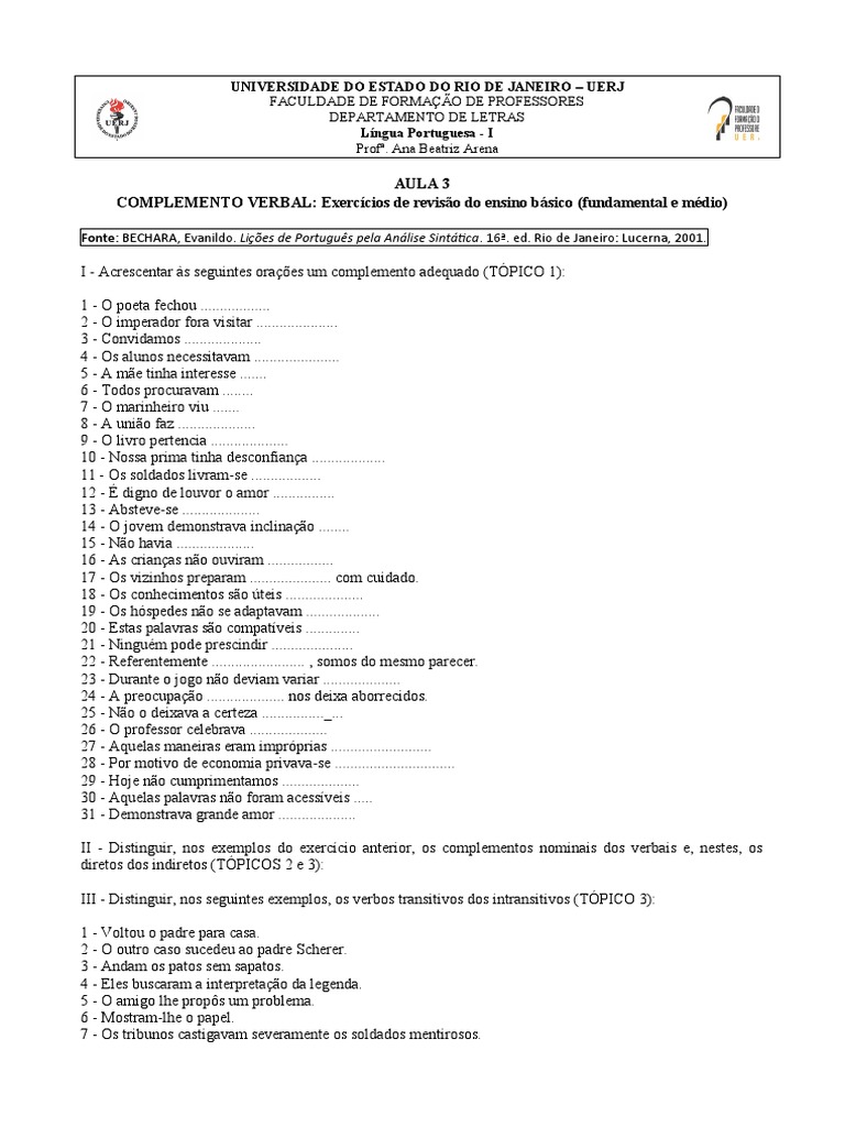 Aula 3. COMPLEMENTO VERBAL - Exercícios de Revisão Do Ensino Básico | PDF