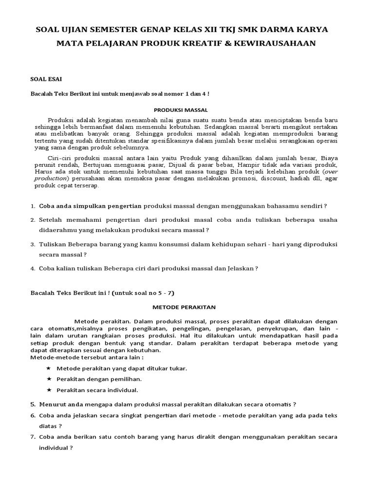 SOAL UJIAN MID SEMESTER GANJIL MAPEL PKK Kelas XII TKR, TSM & TKJ | PDF