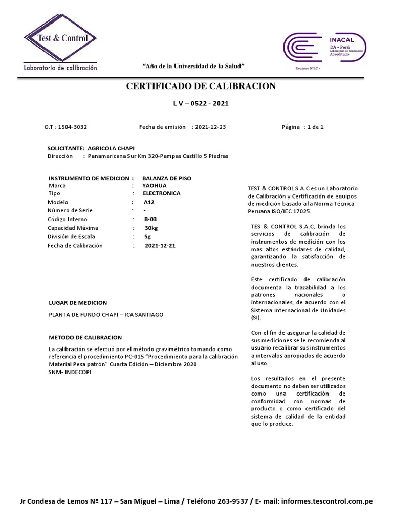 Certificado de Calibracion de Balanza 30KG | PDF | Calibración ...