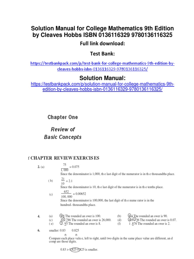 College Mathematics 9th Edition by Cleaves Hobbs ISBN Solution Manual ...