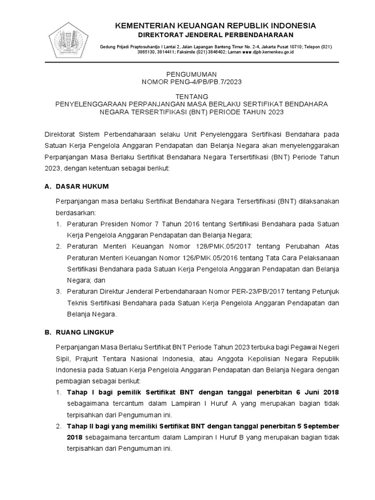 PENYELENGGARAAN PERPANJANGAN MASA BERLAKU SERTIFIKAT BNT PERIODE TAHUN 2023 Lengkap PDF | PDF