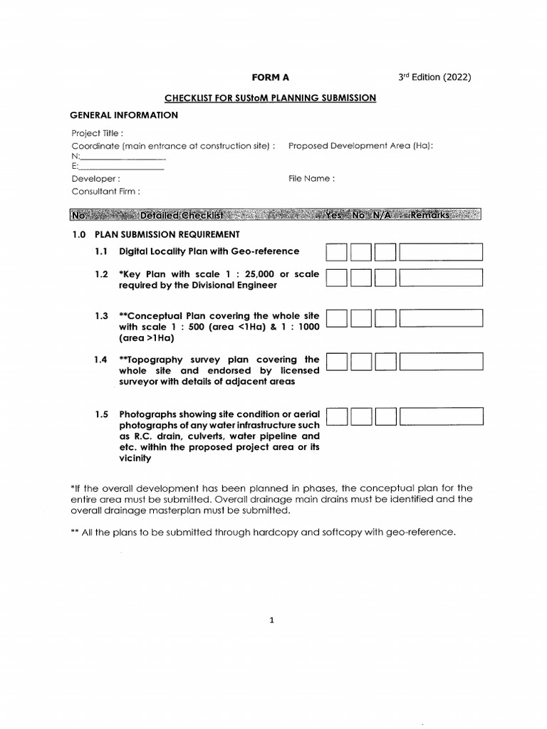 Checklist For SUSTOM Planning Submission Form A | PDF