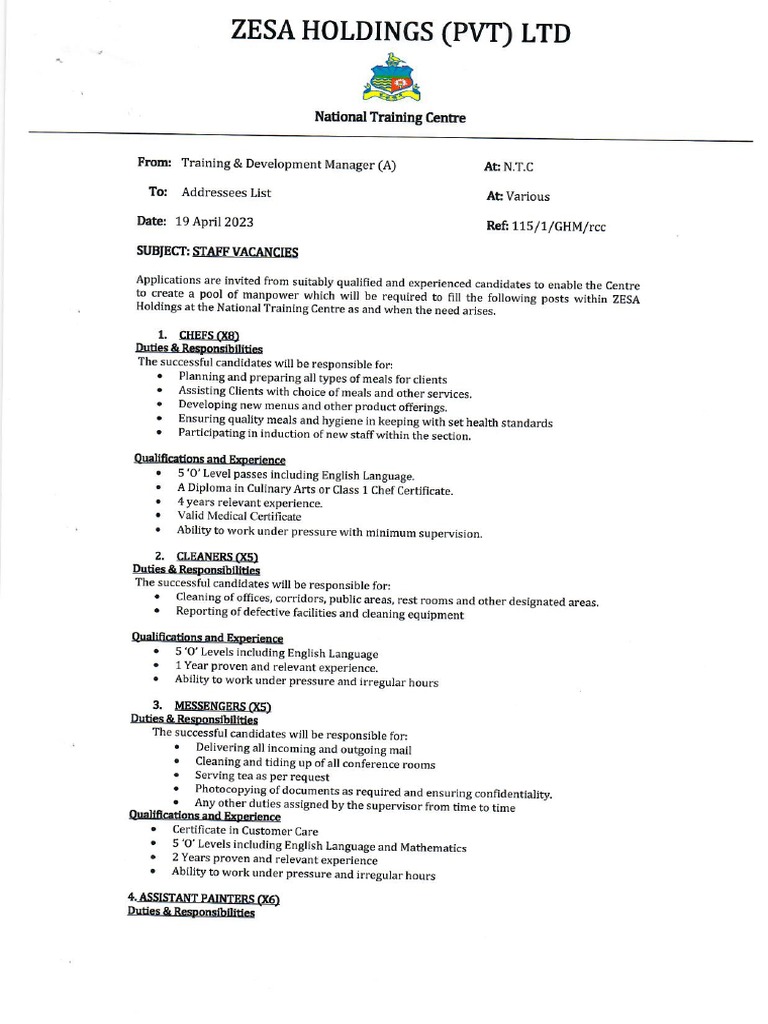 ZESA Holdings NTC Vacancies | PDF