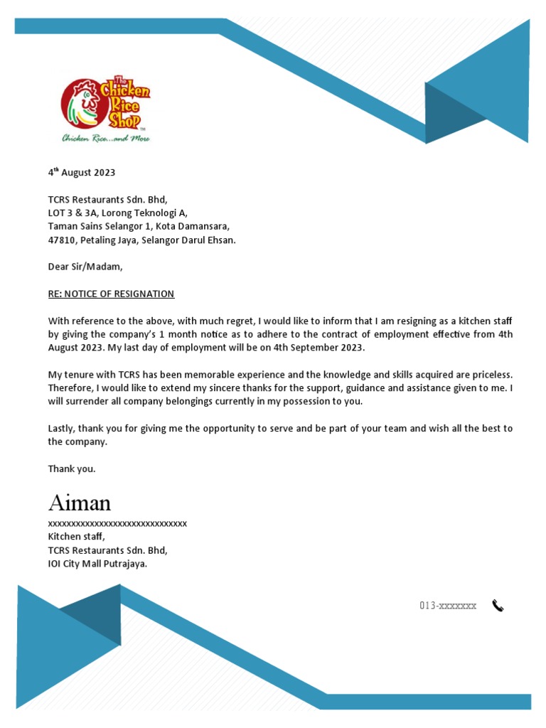 Surat Resign TCRS Restaurants SDN | PDF | Career & Growth