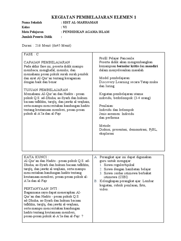 RPP Pai Kelas 6 Elemen 1-QH | PDF | Kajian Bahasa Asing | Agama & Spiritualitas