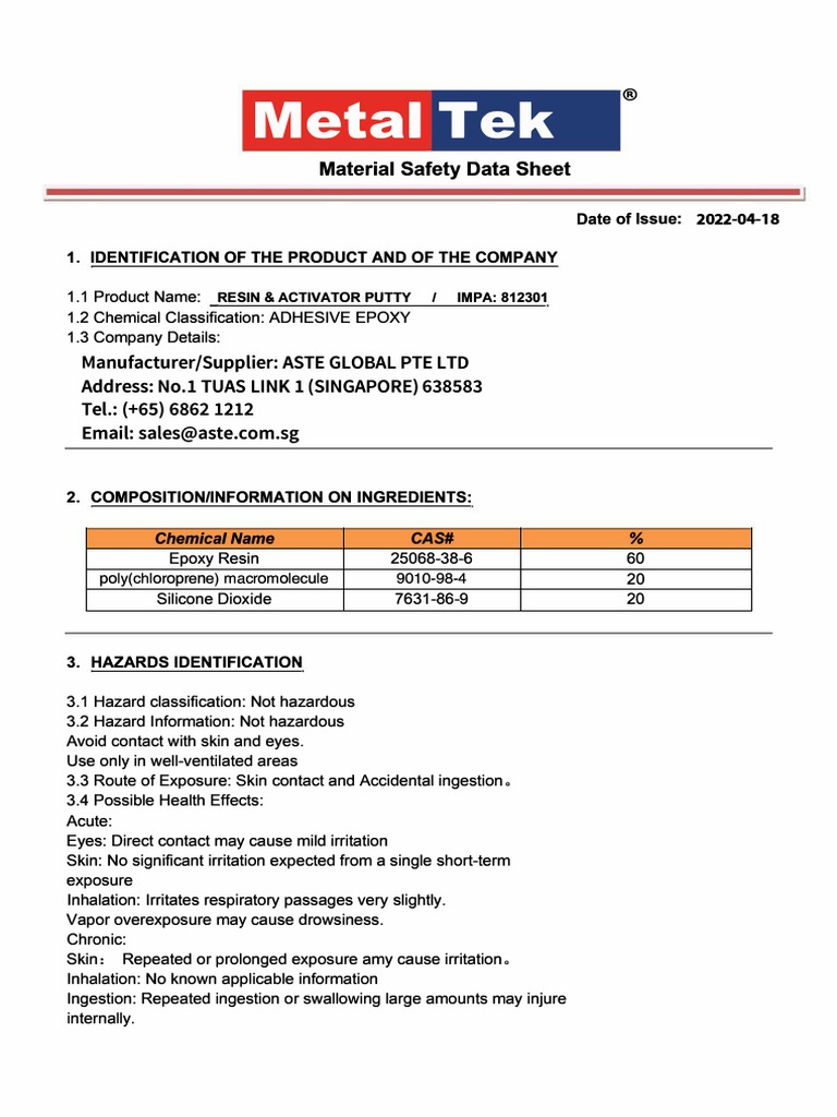 Metal-Tek Strong Back Resin - Activator - MSDS (2023) | PDF