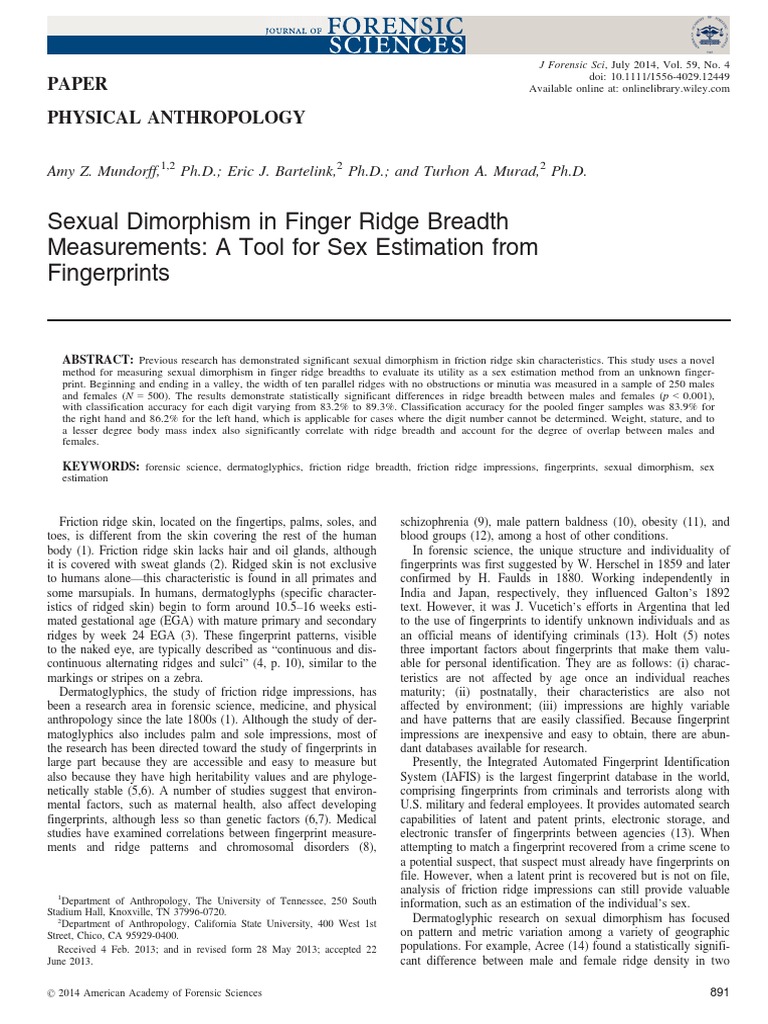 Sexual Dimorphism in Finger Ridge Breadt | PDF | Fingerprint | Body ...