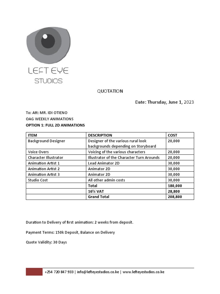 2D Animation Quotation Options | PDF | Animation | Film Industry