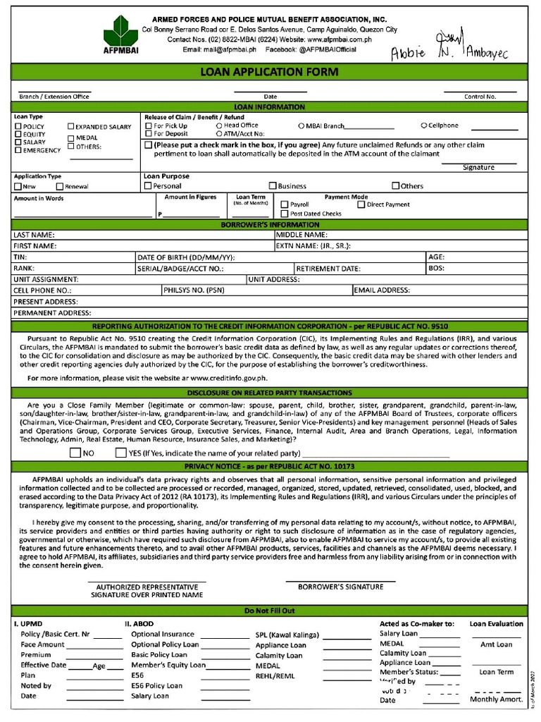 AFPMBAI-Loan - App Form 032022 | PDF