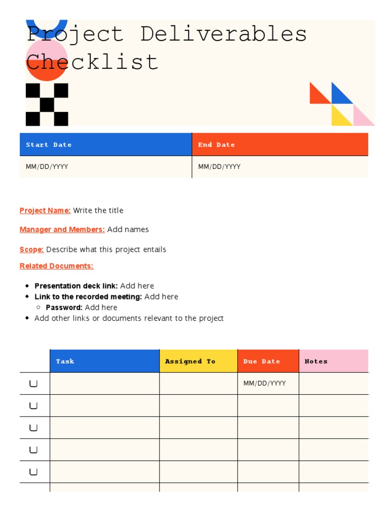 Project Deliverable Checklist Doc in Beige Red Blue Geometric Style | PDF