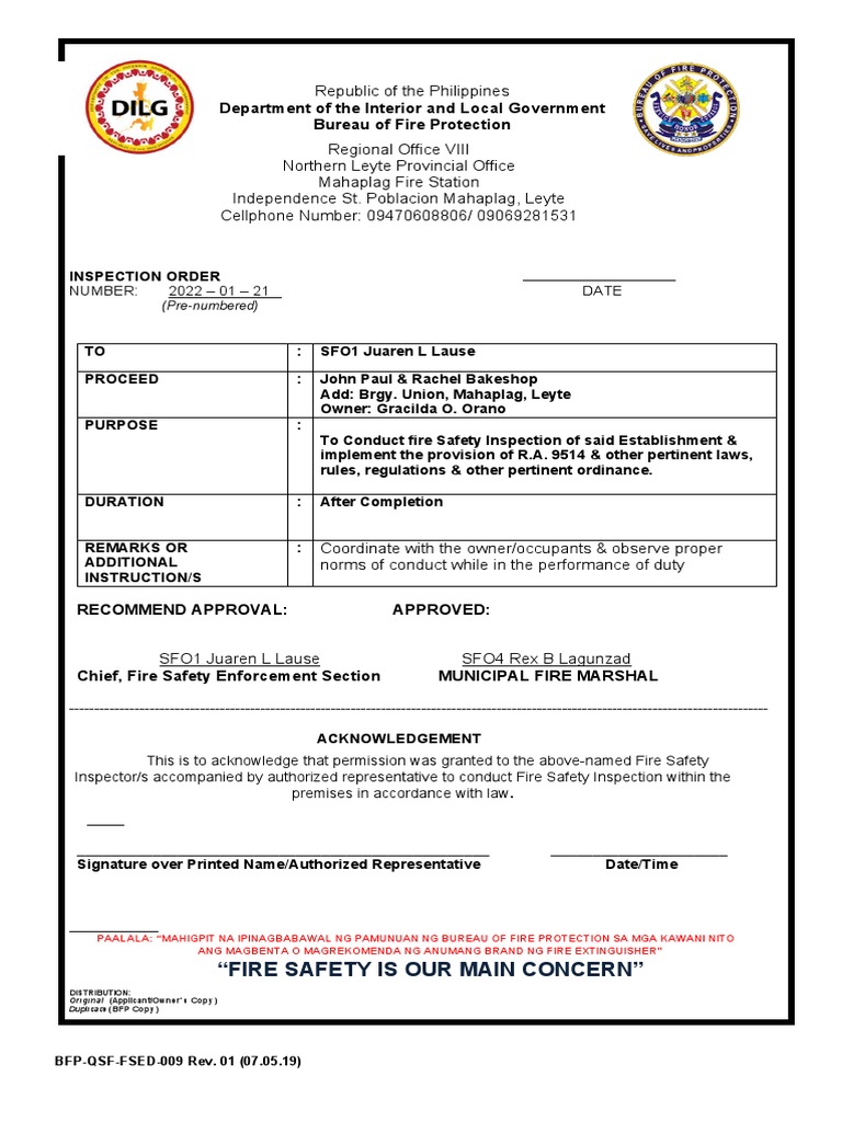 Inspection Order BFP | PDF | Fire Safety | Safety