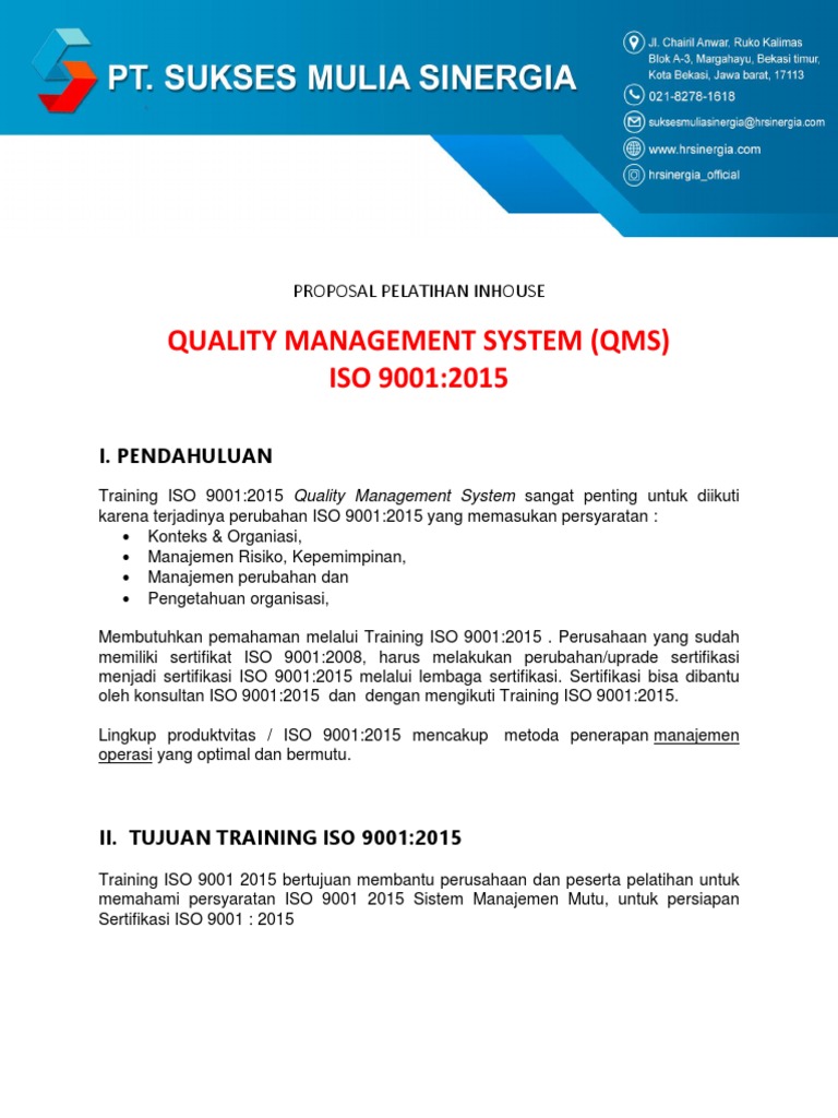 Proposal Pelatihan QMS Iso 9001-2015 | PDF