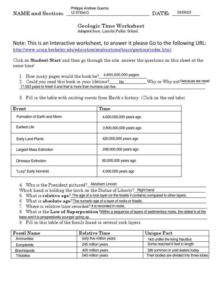 Geologic Time Worksheet | PDF | Geologic Time Scale | Earth Sciences