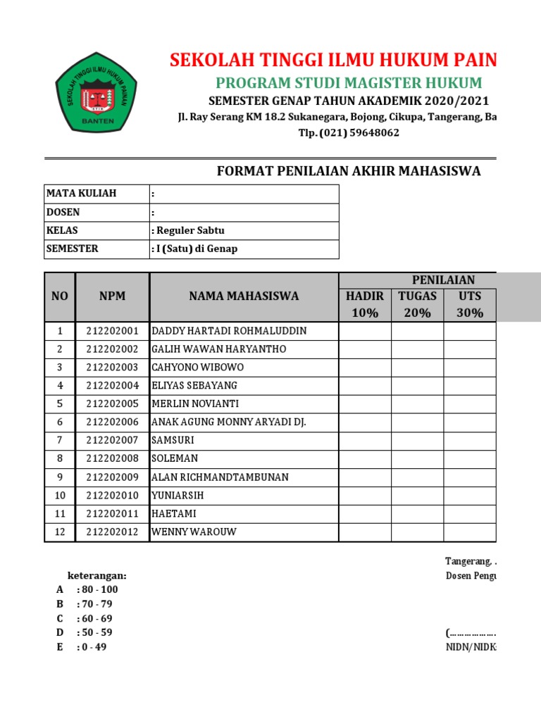 Form Nilai Uas | PDF