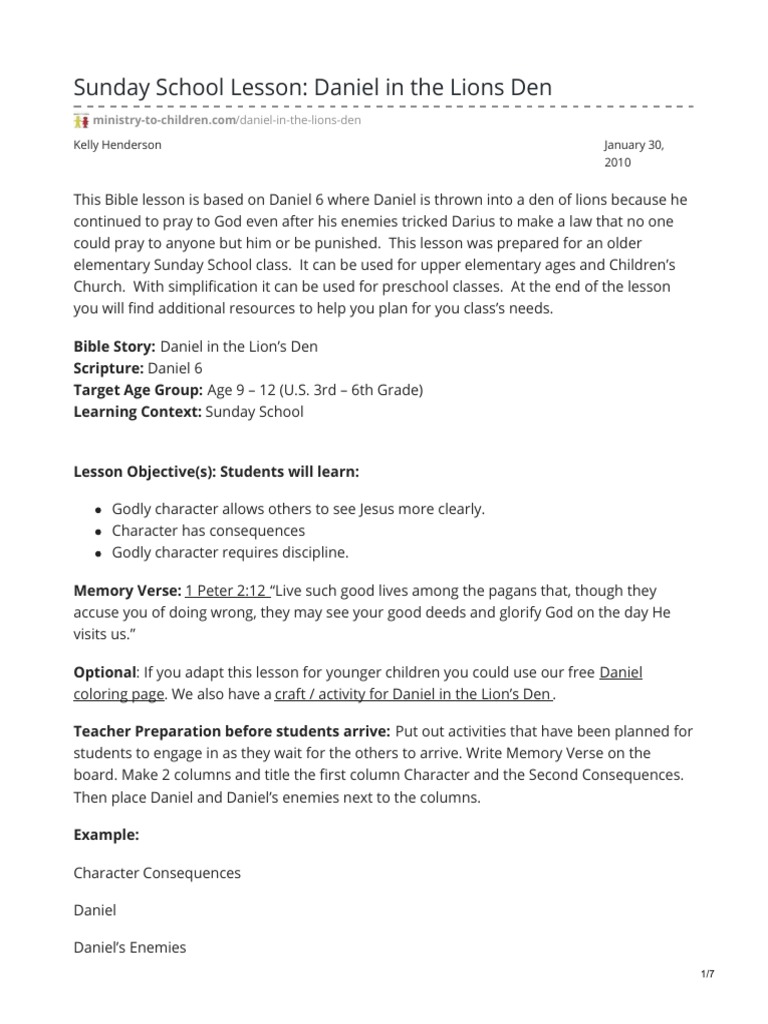 Daniel in the Lions Den Lesson Plan | PDF | Daniel (Biblical Figure ...