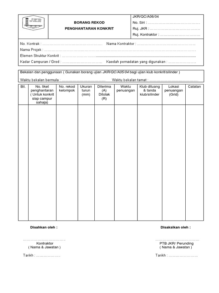 Borang Rekod Penghantaran Konkrit | PDF