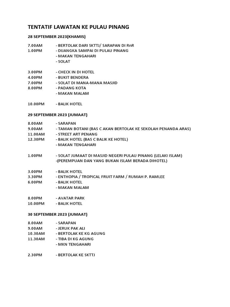 Tentatif Lawatan Ke Pulau Pinang | PDF