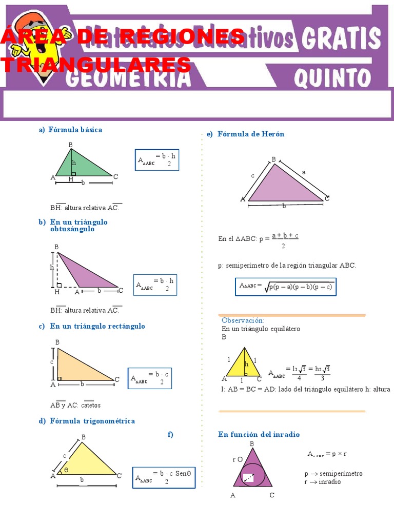 Área de Regiones Triangulares para Quinto Grado de Secundaria | PDF | Triángulo | Geometría ...