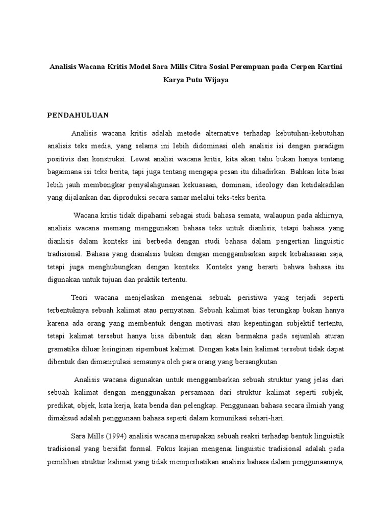 Analisis Wacana Kritis Model Sara Mills Citra Sosial Perempuan Pada Cerpen Kartini Karya Putu ...