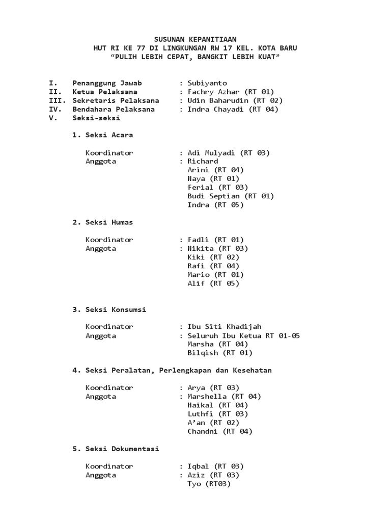 Susunan Panitia Agustusan RW 017 Revisi | PDF