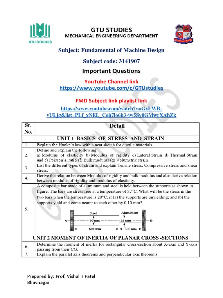 GTU FMD Important Questions Guide | PDF | Bending | Stress (Mechanics)
