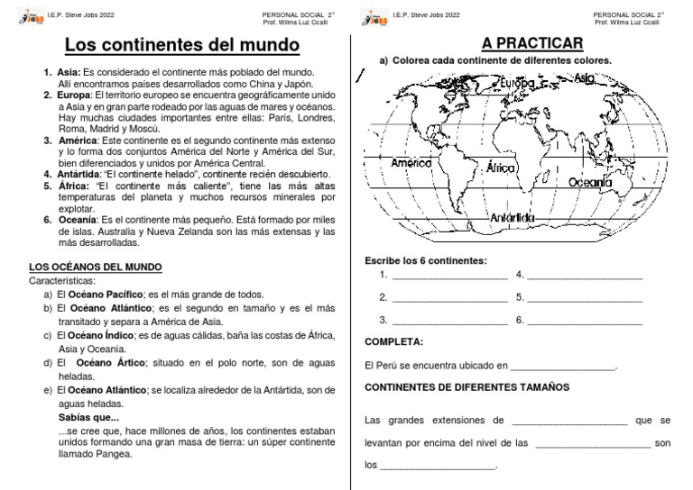 Fichas De Trabajo Sobre Los Continentes Del Mundo Ficha De Trabajo 1