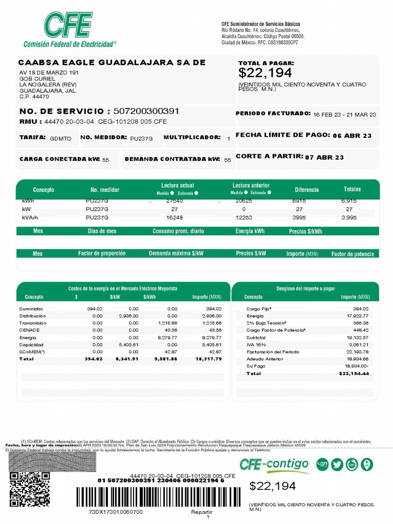 Caabsa Eagle Guadalajara Sa De: Rmu: 44470 20-03-04 CEG-101208 005 CFE ...
