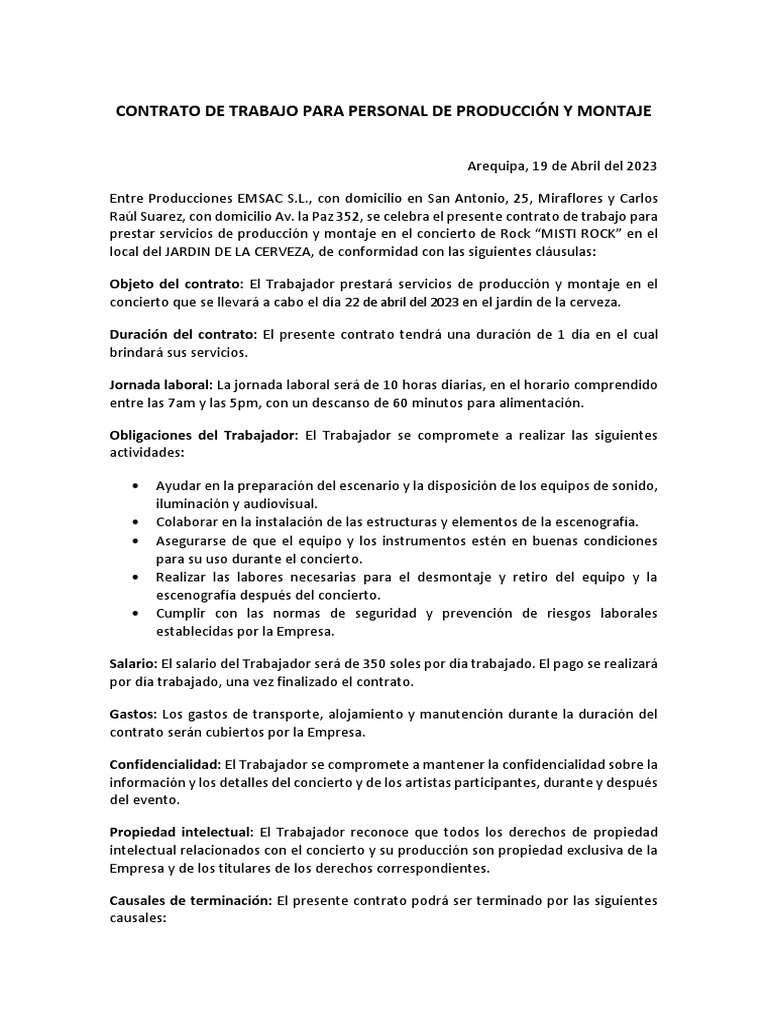Contrato de Trabajo para Personal de Producción y Montaje | PDF ...