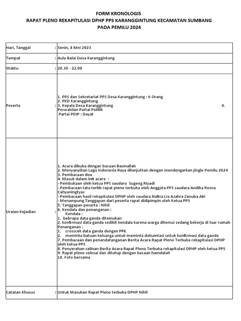 KRONOLOGIS RAPAT PLENO DPHP KARANGGINTUNG 8 Mei | PDF