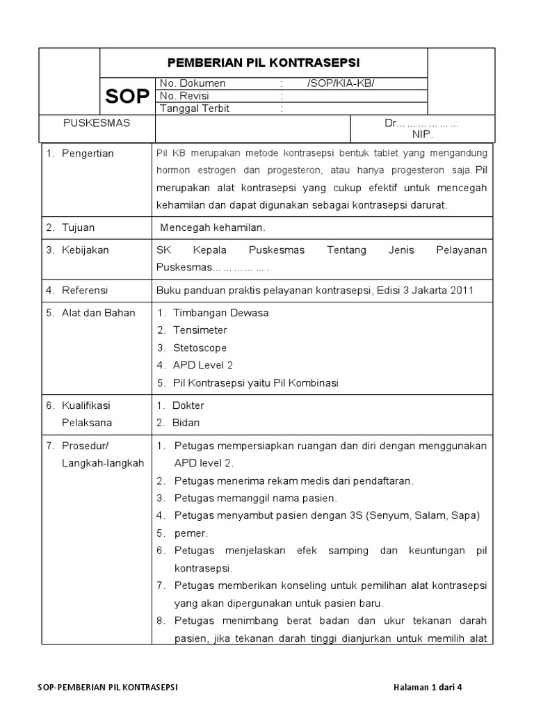 SOP Pemberian Pil Kontrasepsi Fix | PDF