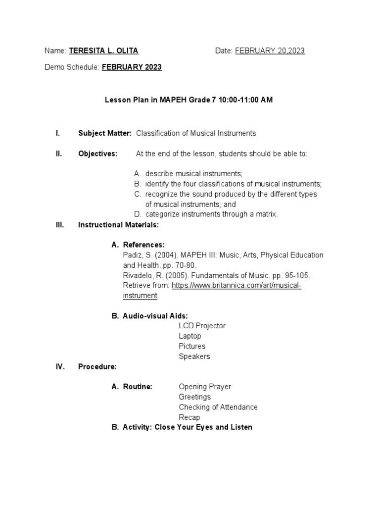 Mapeh 7 Lesson Plan | PDF | Musical Instruments | String Instruments