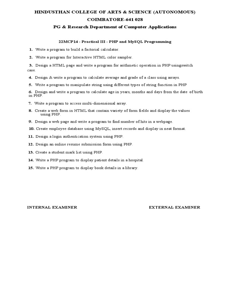 22MCP14 III - PHP & MySQL Programming Lab Questions | PDF | Php | World ... 22MCP14 III - PHP & MySQL Programming Lab Questions | PDF | Php | World ...