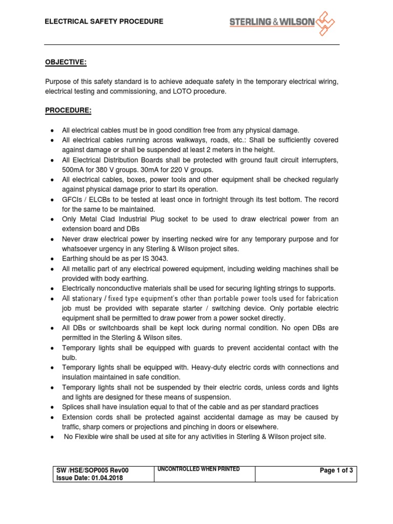 SW Hse Sop05 Electrical Safety Procedure | PDF | Electrical Connector ... SW Hse Sop05 Electrical Safety Procedure | PDF | Electrical Connector ...
