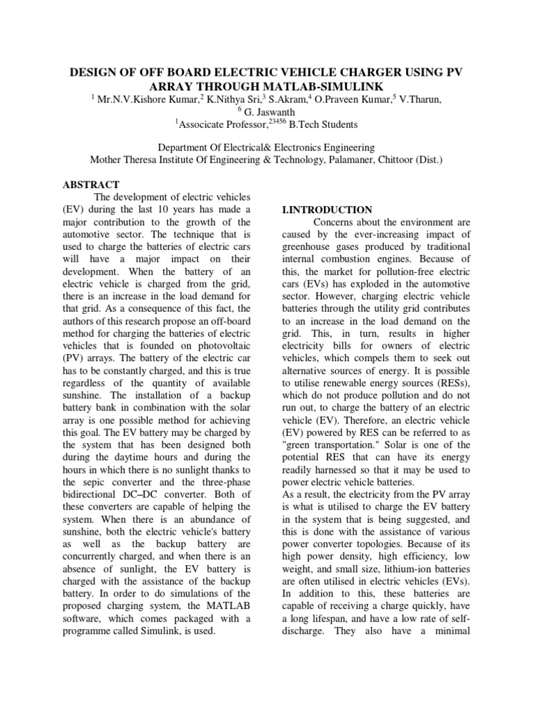 Design Of Off Board Electric Vehicle Charger Using Pv Array Through Matlab Simulink Pdf