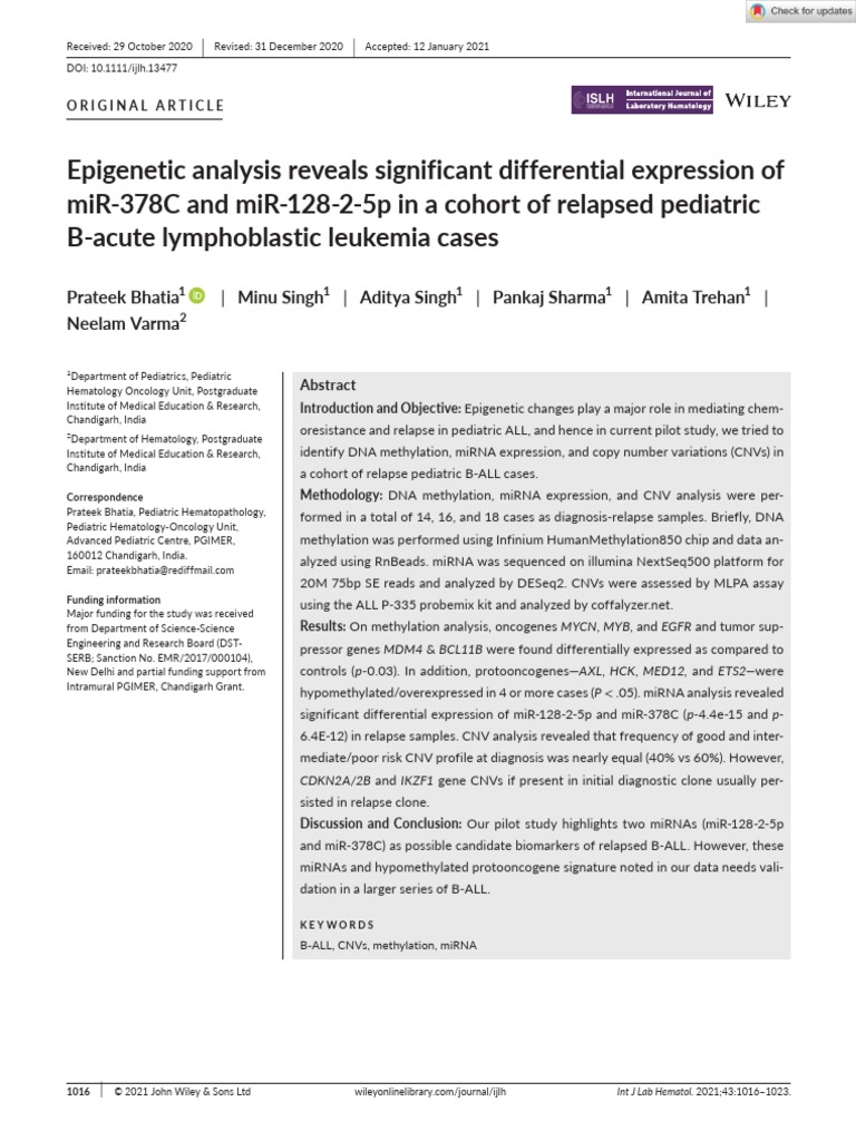 Int J Lab Hematology - 2021 - Bhatia - Epigenetic analysis reveals ...