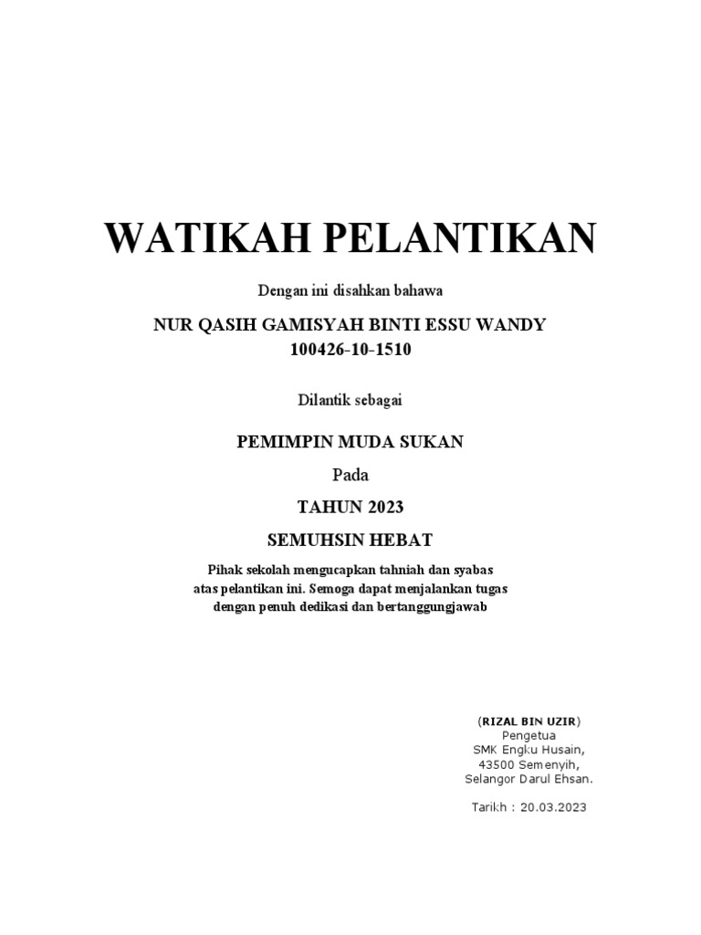 Sijil Watikah Pelantikan PMS | PDF