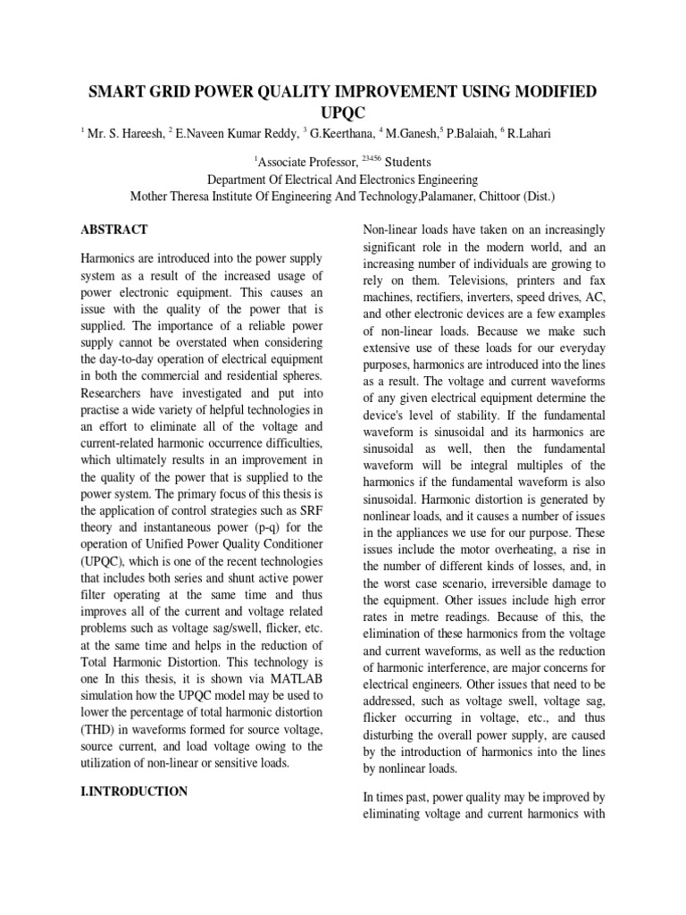 Smart Grid Power Quality Improvement Using Modified Upqc | PDF | Power Inverter | Distortion