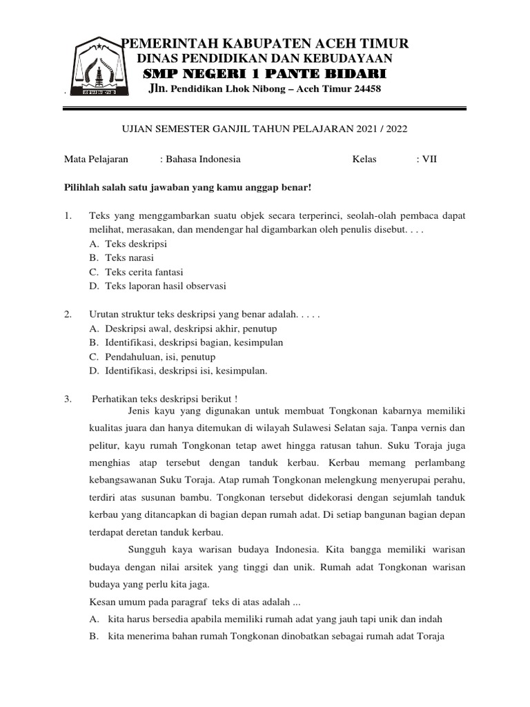 SOAL B INDO KELAS 7 SMSTR 1 2021-2022 SMP | PDF | Seni & Disiplin Bahasa