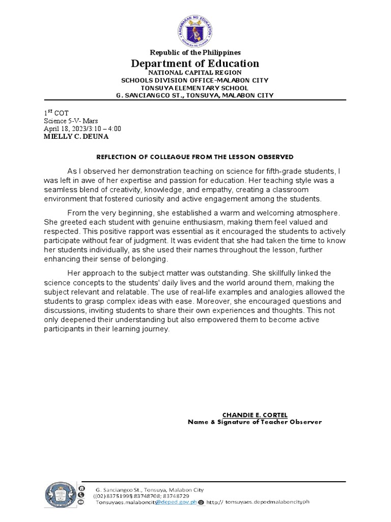 Reflection of Colleague From The Lesson Observed Cot 1 2022 2023 Cortel ...