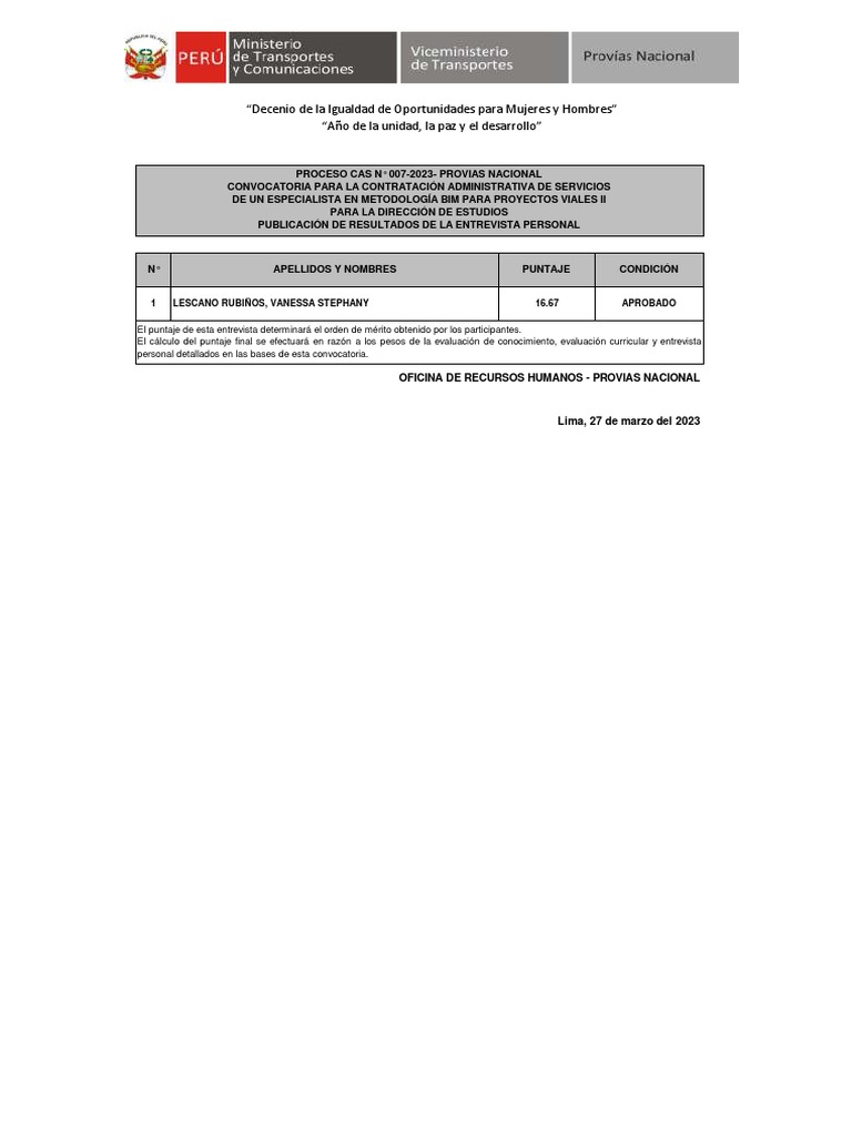 Resultado Entrevista Personal Cas N°007-2023 | PDF