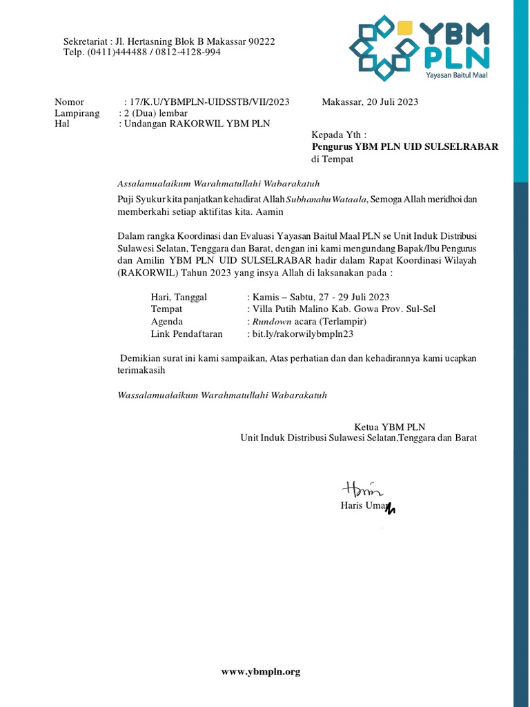 Undangan RAKORWIL YBM PLN 2023 | PDF