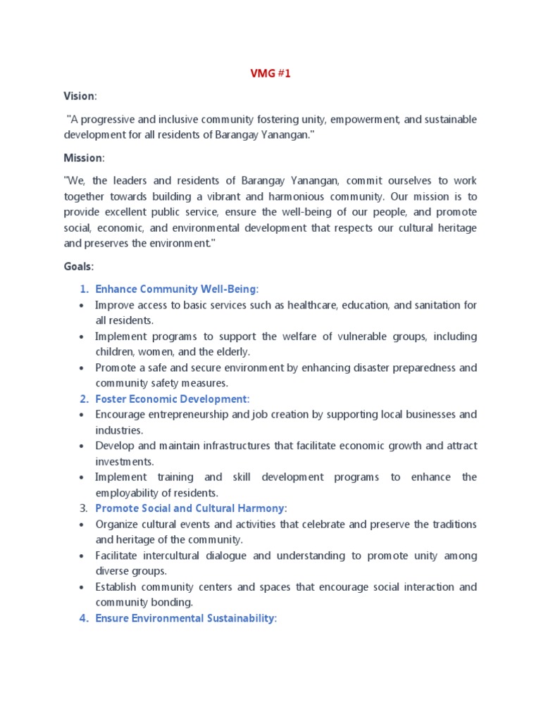 Barangay Vision, Mission, and Goals | PDF | Sustainability | Governance