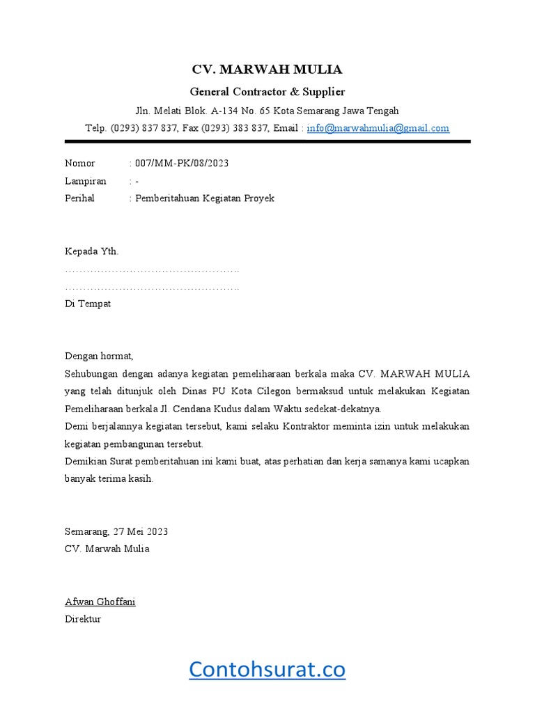 Contoh Surat Pemberitahuan Kegiatan Proyek | PDF Contoh Surat Pemberitahuan Kegiatan Proyek | PDF