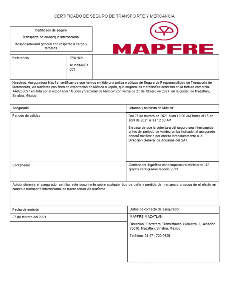 Seguro de Transporte | PDF | Póliza de seguros