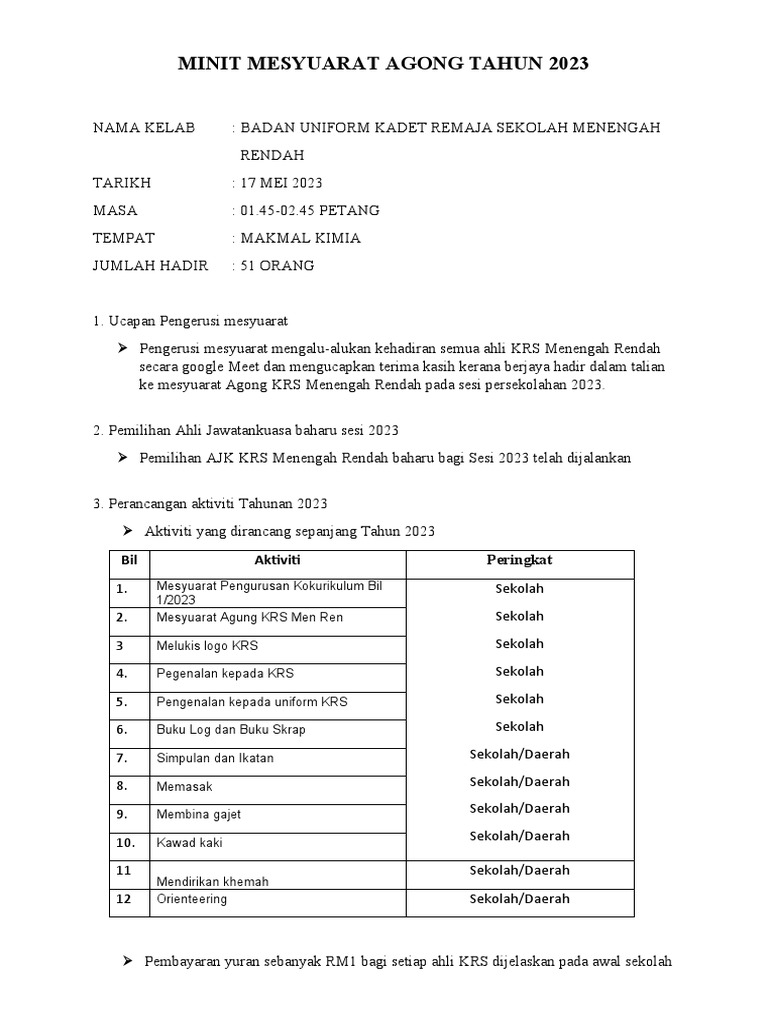 Minit Mesyuarat KRS Men Ren 2023 | PDF