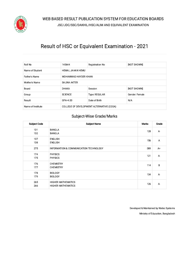 HSC Web Based Result 2021 Summary | PDF