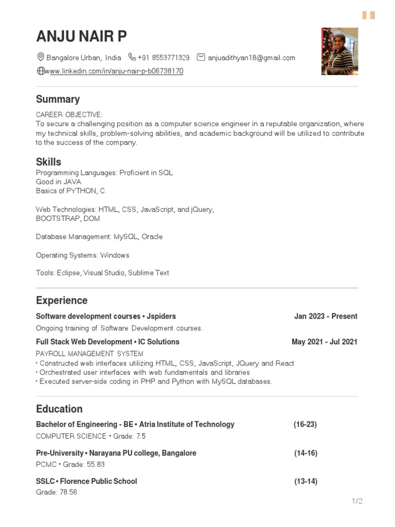 ANJU NAIR P Resume | PDF | World Wide Web | Internet & Web