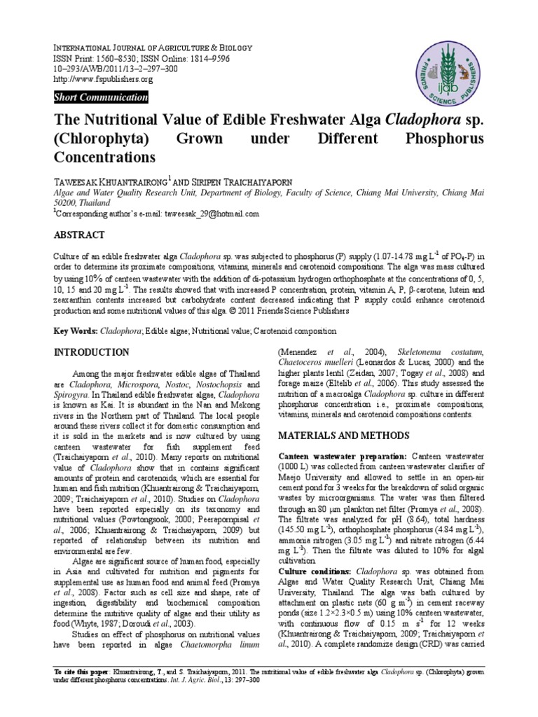 The Nutritional Value of Edible Freshwater Alga Cladophora Sp ...